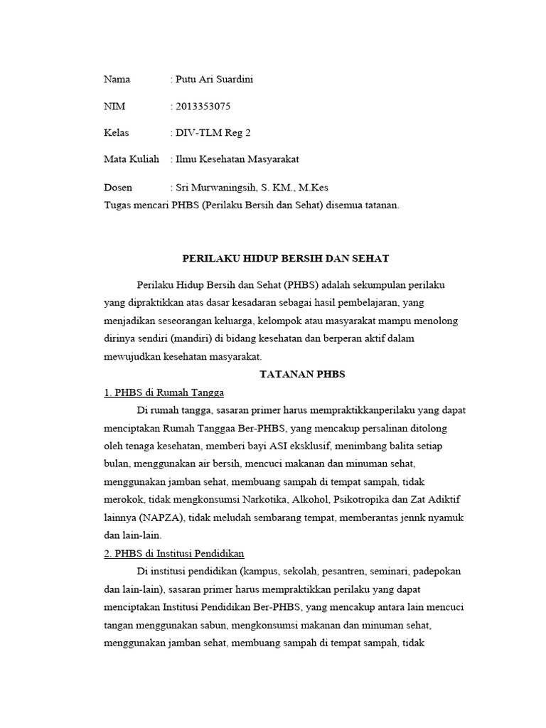 Tugas Ikm (PHBS) - Putu Ari Suardini - Div-Tlm Reg 2 | PDF