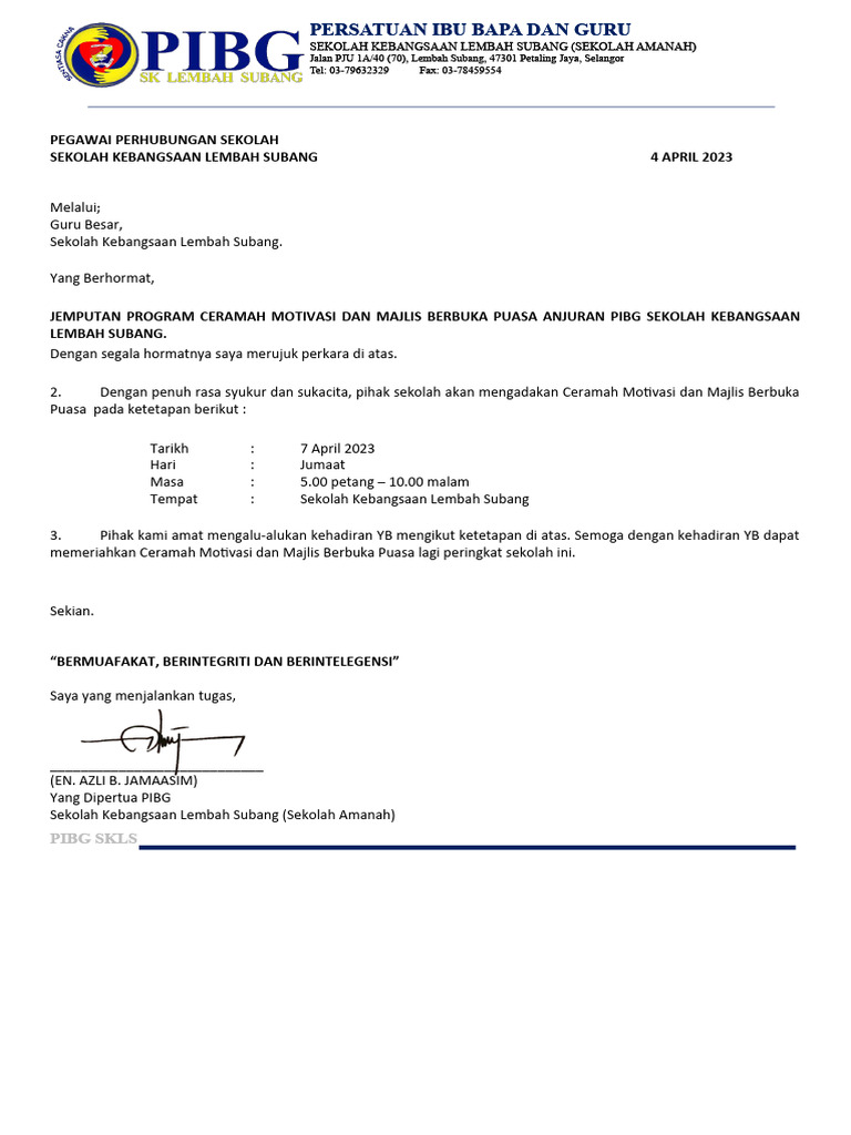 Surat Jemputan Pegawai Perhubungan Sekolah | PDF