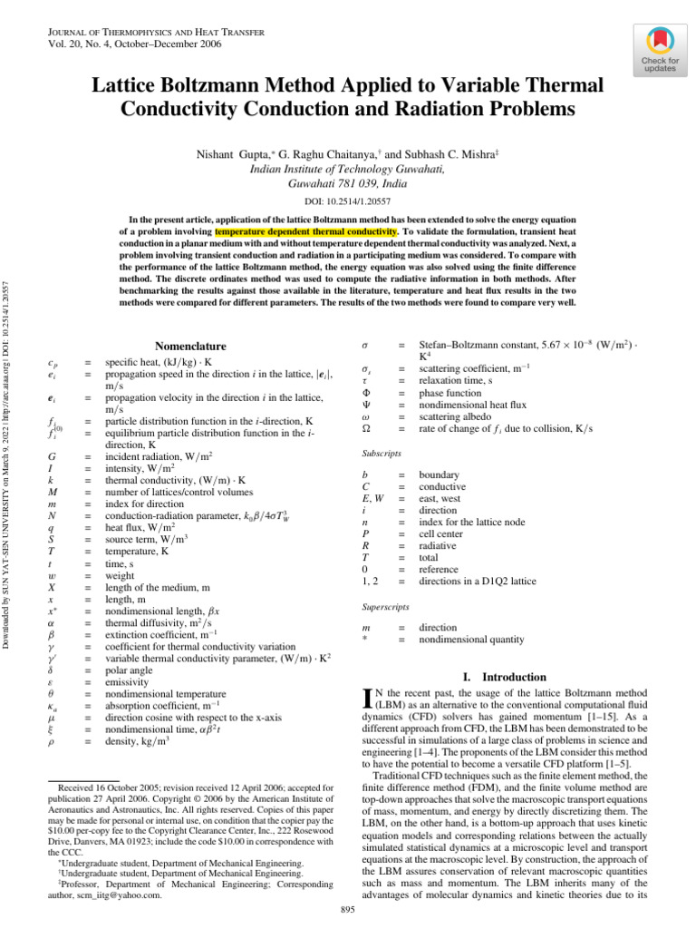 LBM Lattice Boltzmann Method Applied To Variable Thermal Conductivity Conduction and Radiation ...