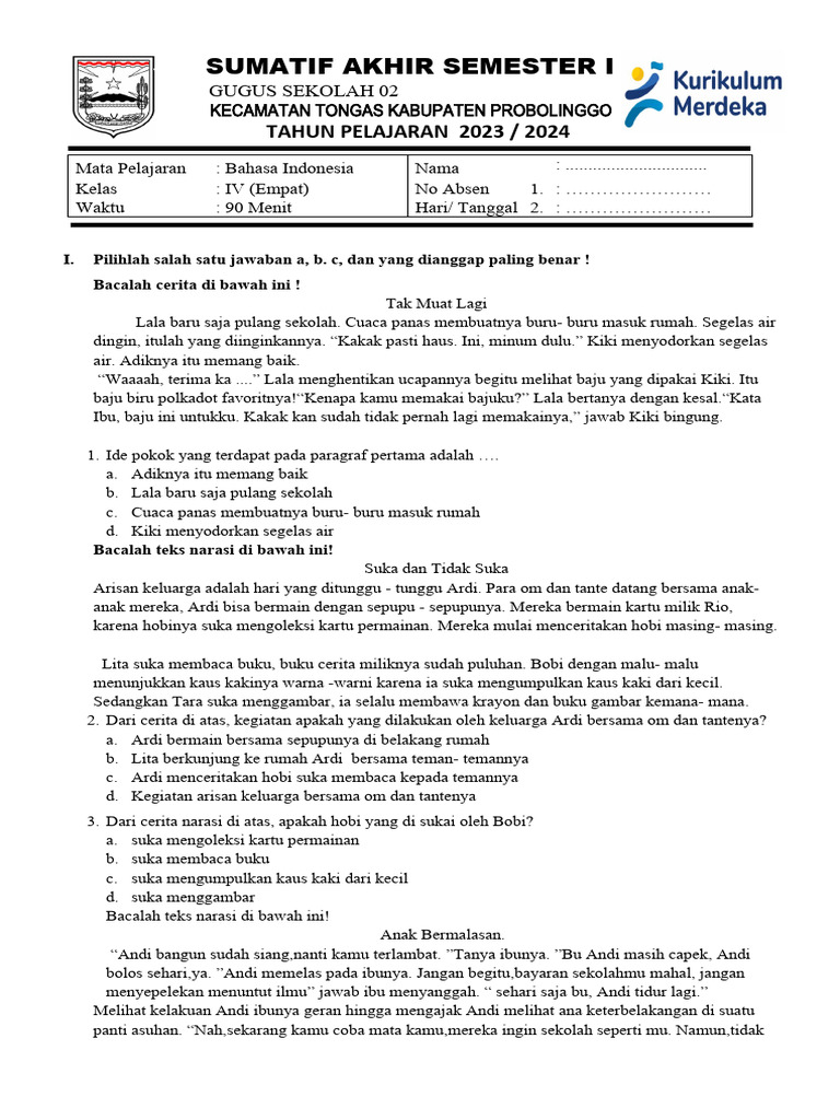 Soal Sas 1 Bahasa Indo Kelas 4 2023 | PDF