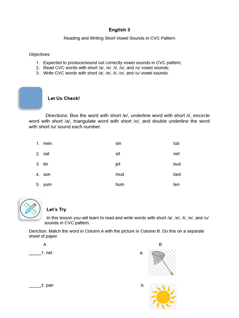 Reading and Writing Short Vowel Sounds in CVC Pattern | PDF ...