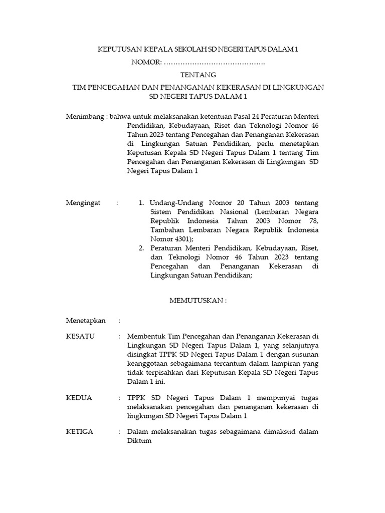 Lampiran 2 - Contoh SK Kepala Satuan Pendidikan Pembentukan TPPK | PDF ...