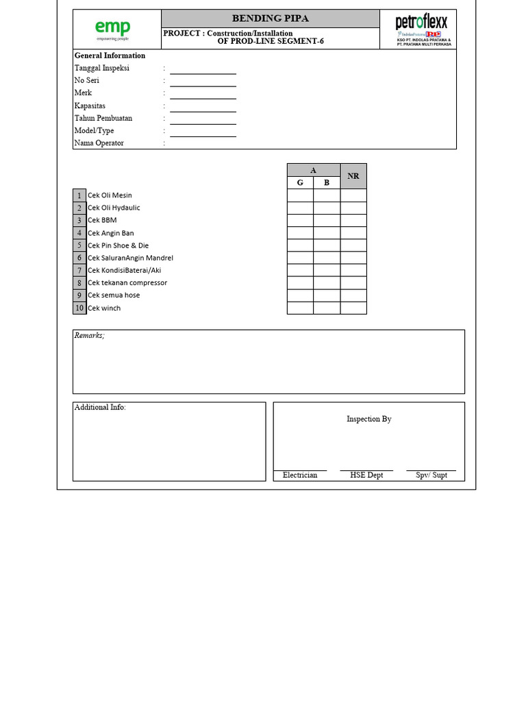 Form Inspection Bending PIpa | PDF
