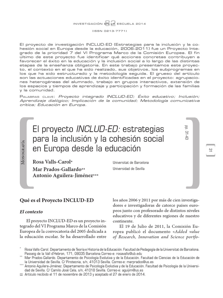 Includ-Ed Proyecto | PDF | Inclusión (Educación) | Salón de clases