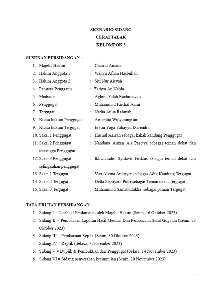 SKENARIO - SIDANG - Perdata - Kelompok 3-2 | PDF