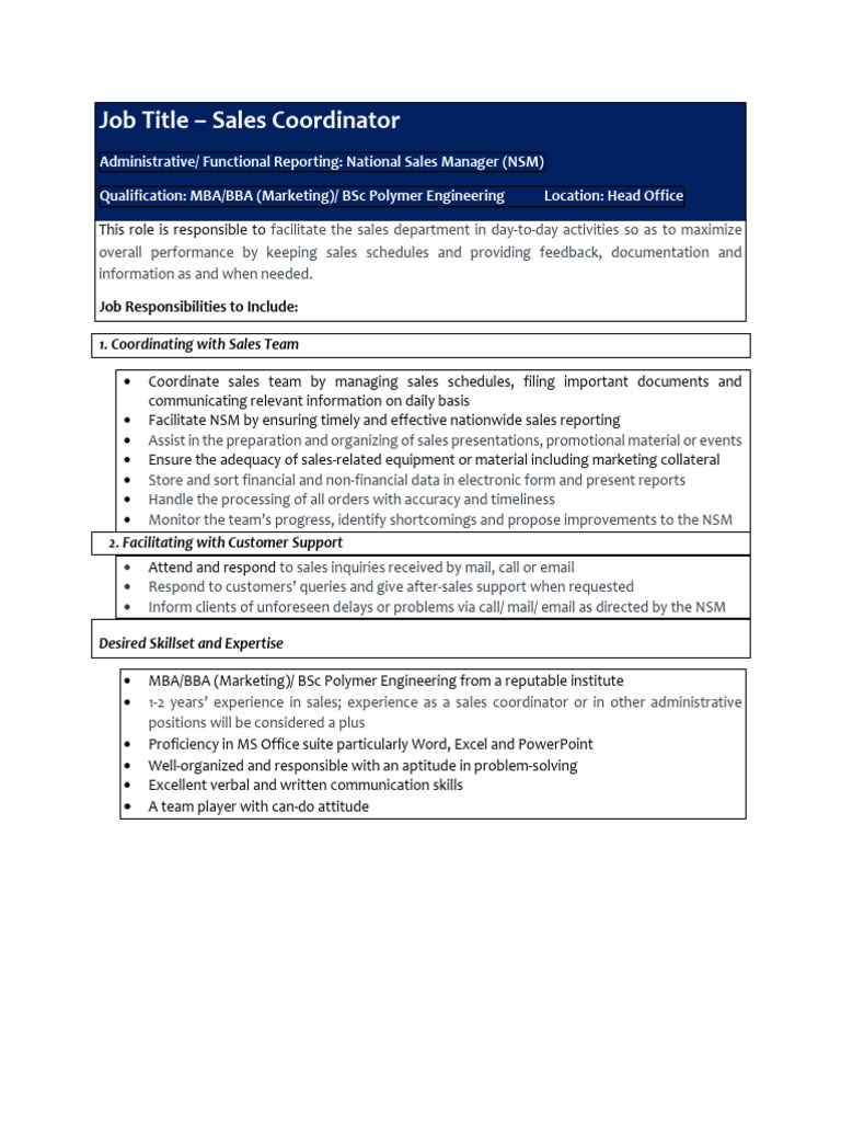 JD - Sales Coordinator | PDF