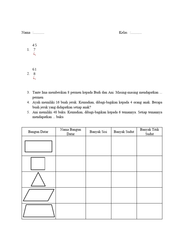 MTK Kelas 2 (Bangun Datar, Perkalian, Pembagian) | PDF