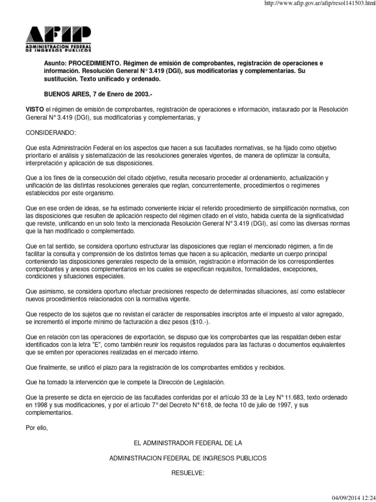 RG 3419 Afip. Emision de Comprobantes | PDF | Factura | Impuestos