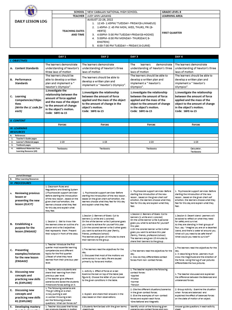Daily Lesson Log: Day 1 Day 2 Day 3 Day 4 | PDF | Force | Learning