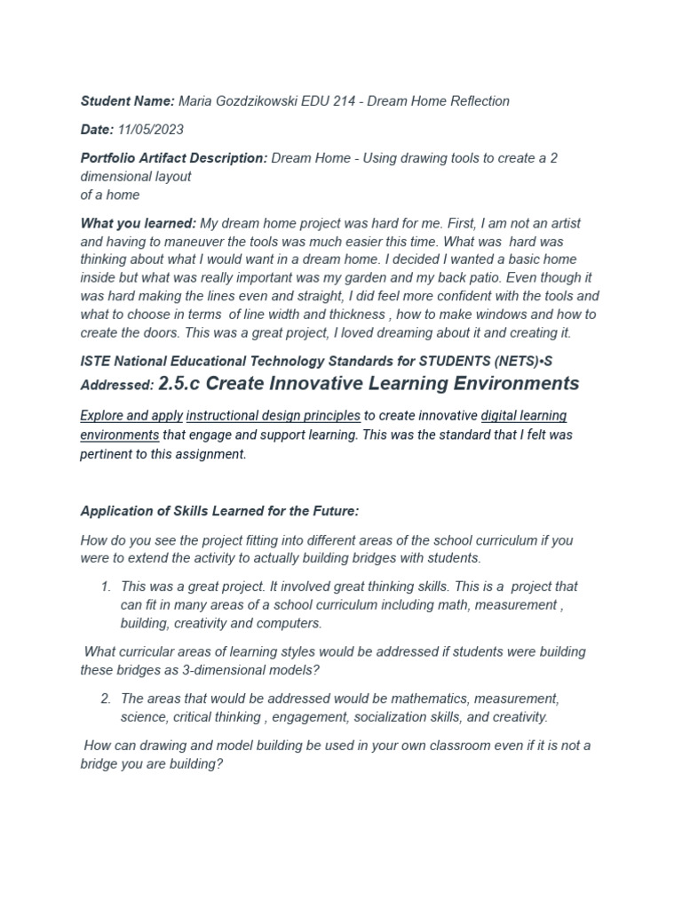 Student Name Maria Gozdzikowski Edu 214 - Dreamhouse Reflection | PDF | Curriculum | Mathematics