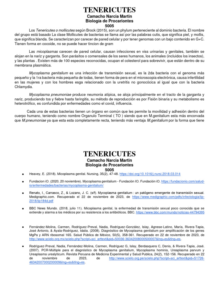 Ficha Técnica (Tenericutes) | PDF | Micoplasma | Las bacterias