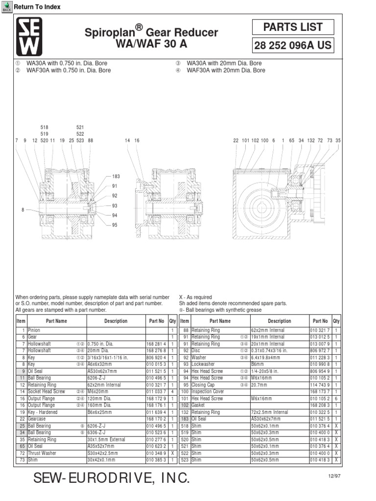 Spiroplan Gear Reducer Wa/Waf 30 A: Sew-Eurodrive, Inc | PDF ...