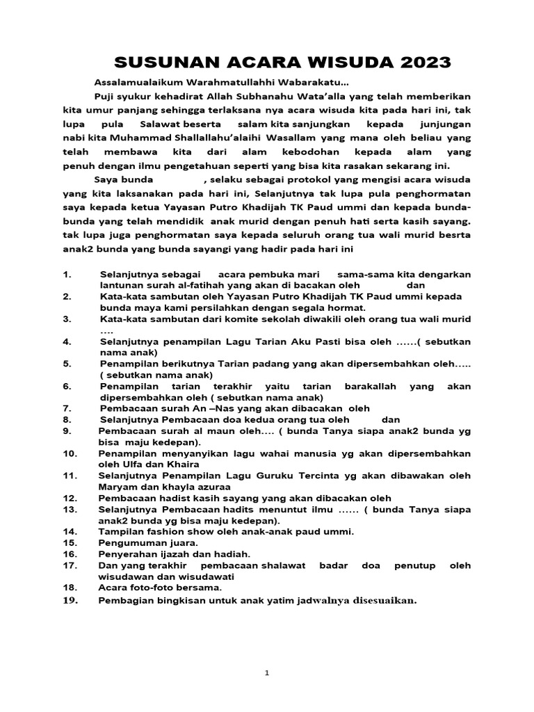Susunan Acara Wisuda 2023 TK Paud | PDF