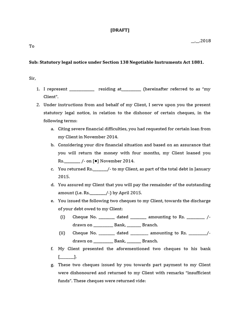 Legal Notice for Cheque Dishonor | PDF | Cheque | Banks