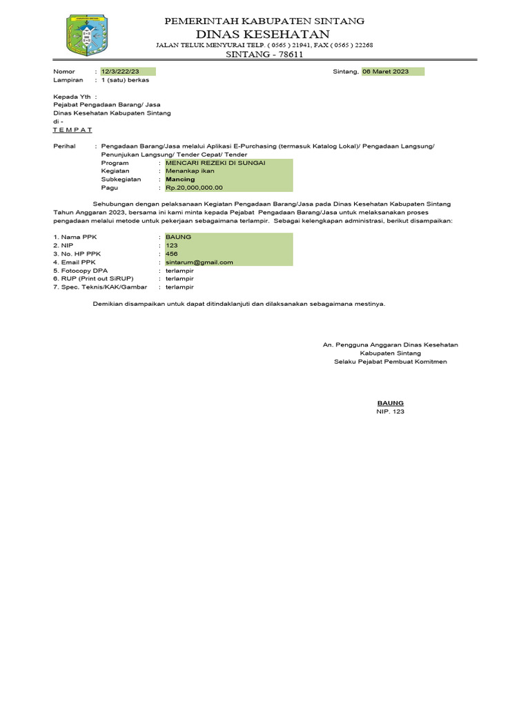 Contoh Surat Proses Pengadaan Ke PPBJ | PDF