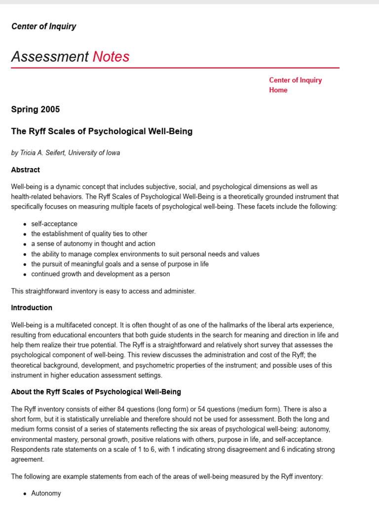 The Ryff Scales of Psychological Well Being Seifert | PDF | Psychology ...