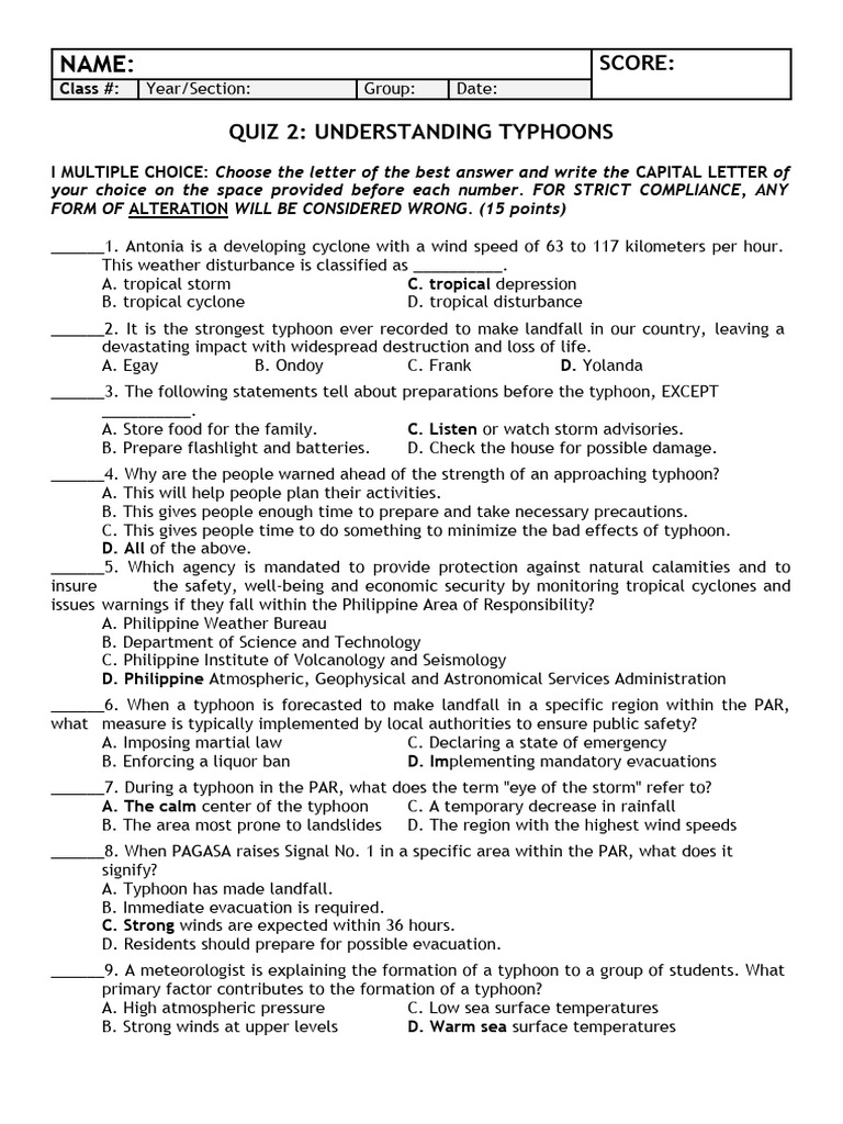Typhoon Quiz: Understanding Key Concepts | PDF | Tropical Cyclones | Wound