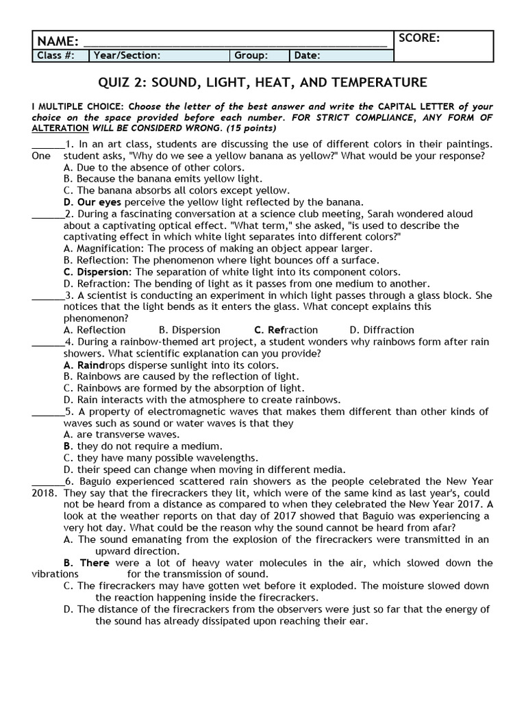 Science 8 1st Quiz 2 Sound, Light, Heat and Temperature | PDF | Light ...