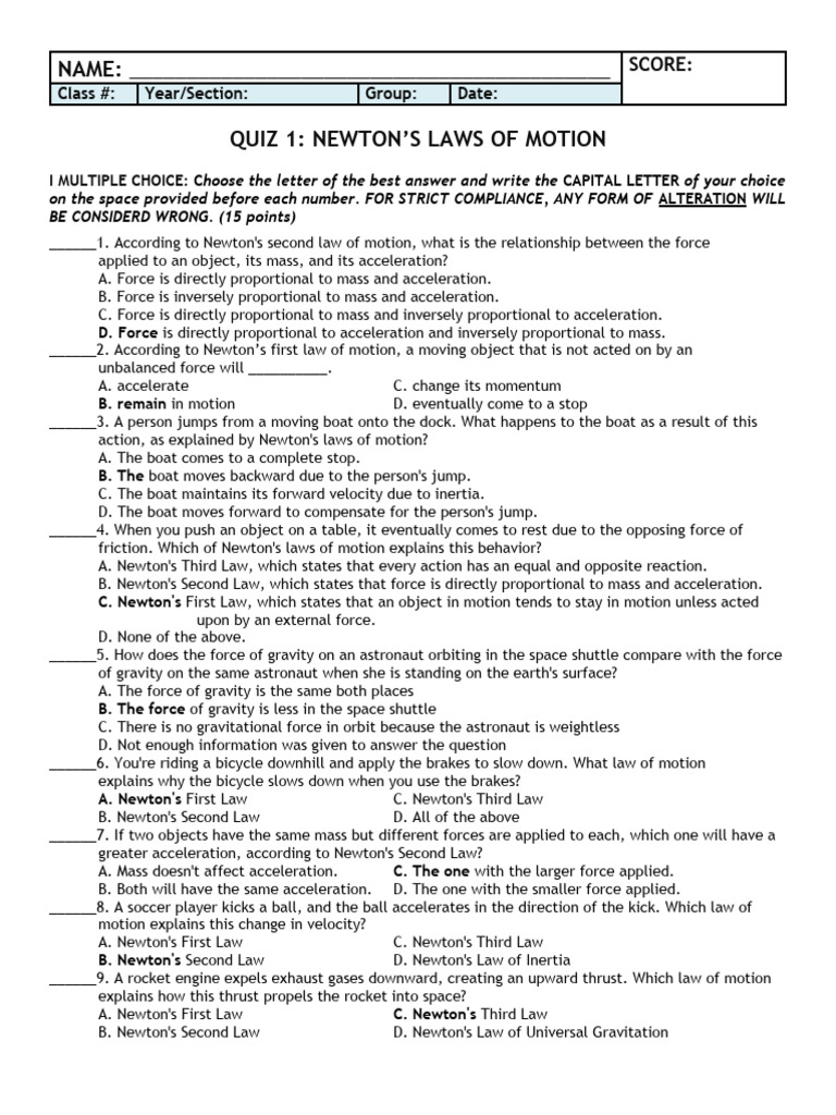 Science 8 1st Quiz 1 Newton's Law of Motion | Download Free PDF | Force ...
