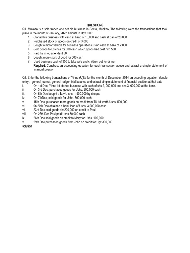 Accounting Equation and Double Entry Questions | PDF | Debits And ...