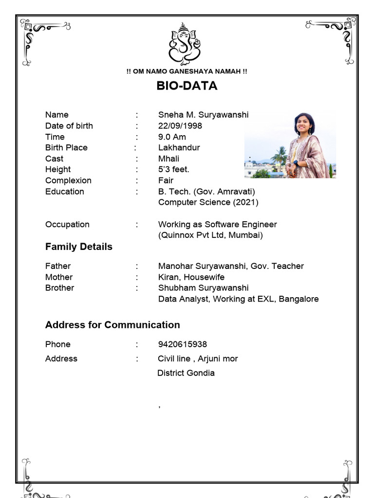 Sneha Suryawanshi Bio Data | PDF Sneha Suryawanshi Bio Data | PDF