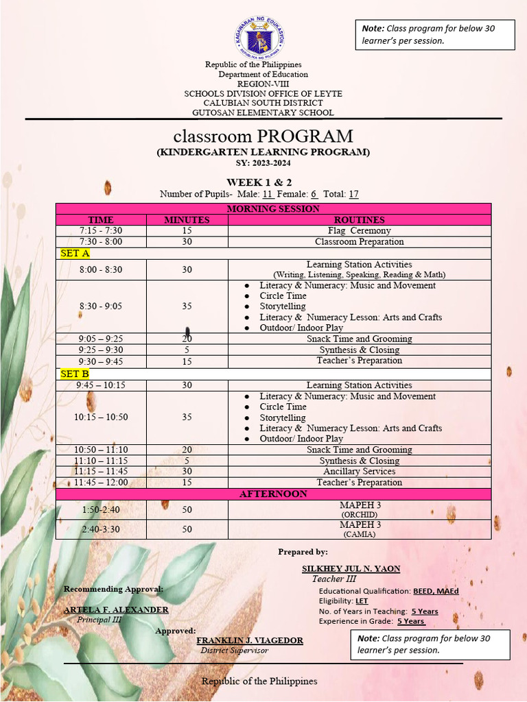 KLP Class Program Kinder Ges | PDF | Teachers | Literacy