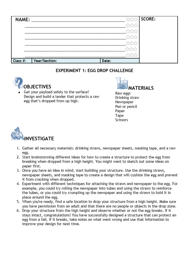 Science 9 4th Experiment 1 Egg Drop Challenge | PDF | Experiment | Physics