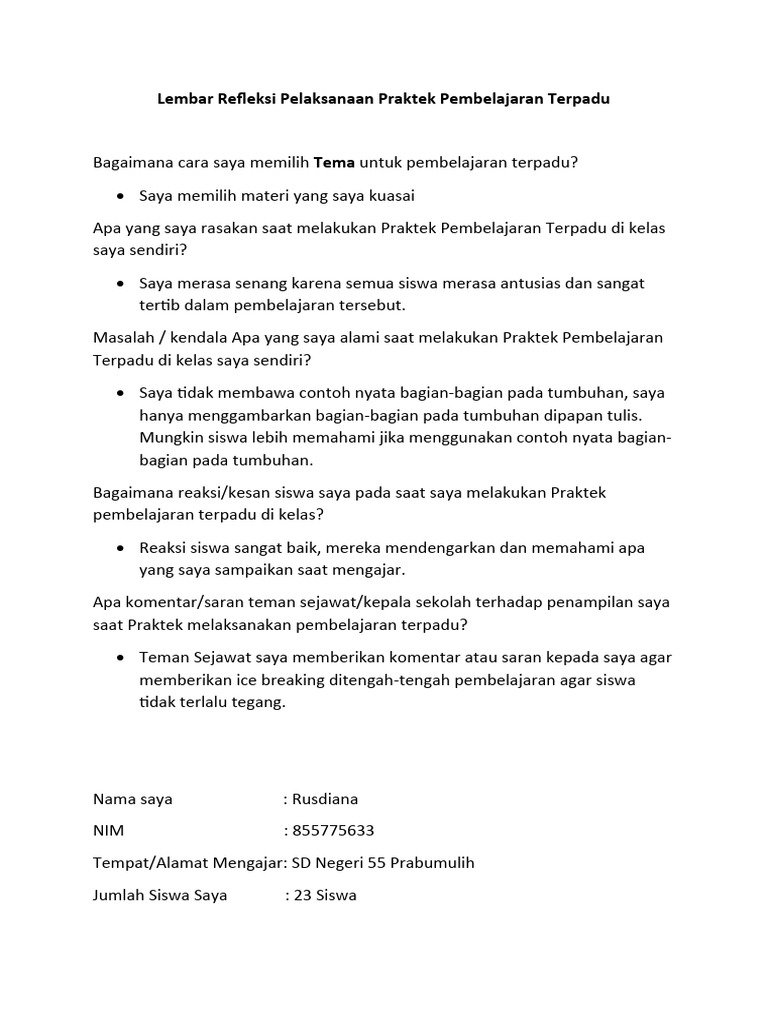 Lembar Refleksi Pelaksanaan Praktek Pembelajaran Terpadu | PDF