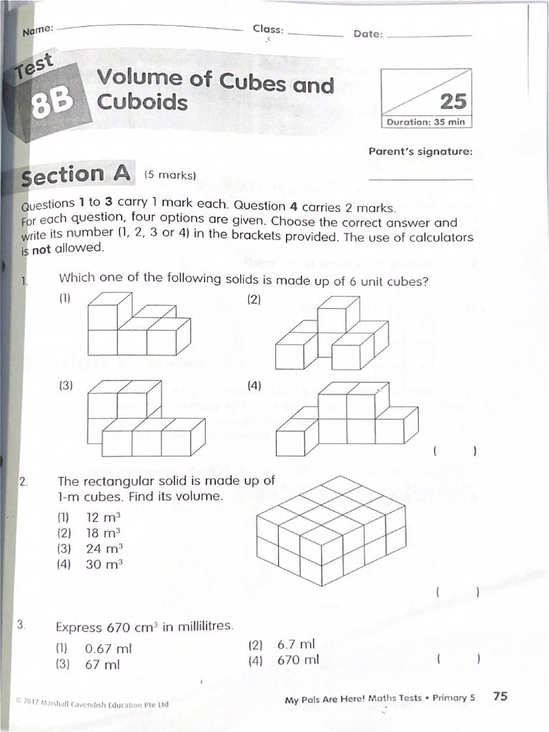 Grade 5 Test 8B Volume of Cubes and Cuboids | PDF