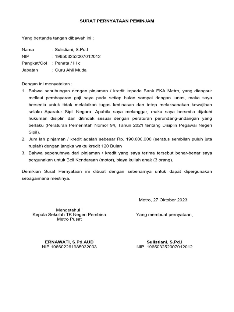 Surat Pernyataan Peminjam | PDF