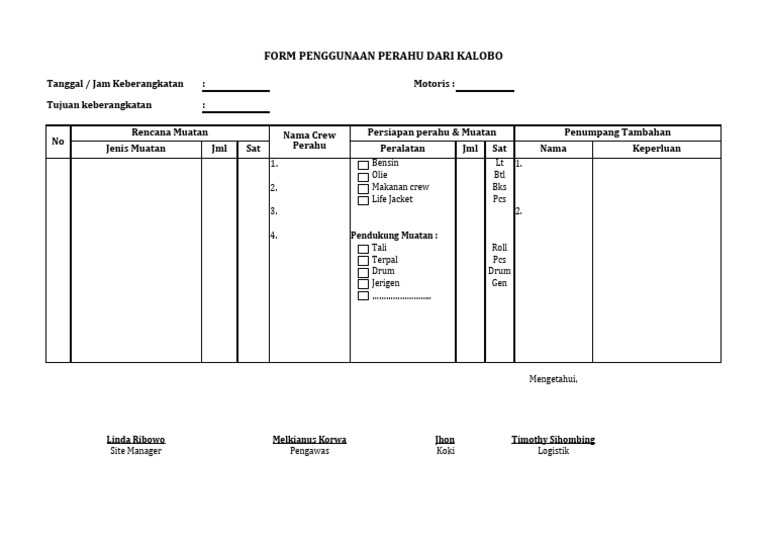 Formulir Penggunaan Perahu Kalobo | PDF