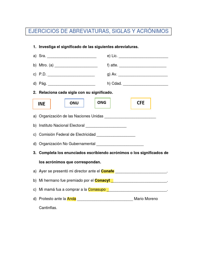 EJERCICIOS DE ABREVIATURAS, SIGLAS Y ACRÓNIMOS | PDF