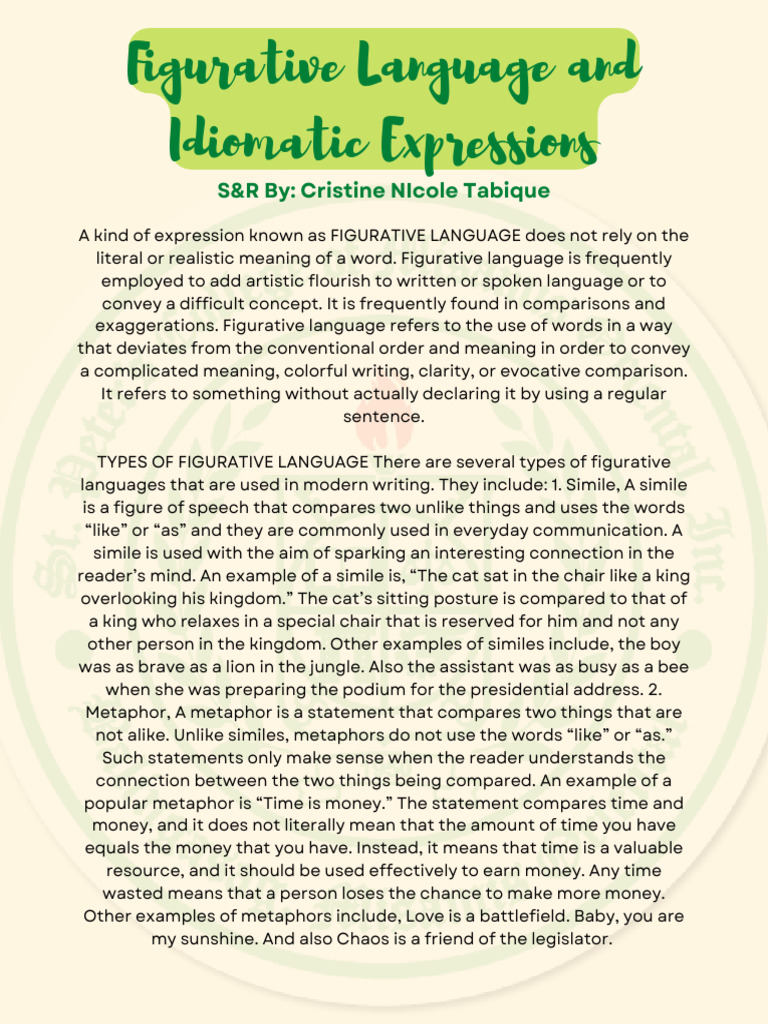 Figurative Language and Idiomatic Expressions | PDF | Idiom | Metaphor