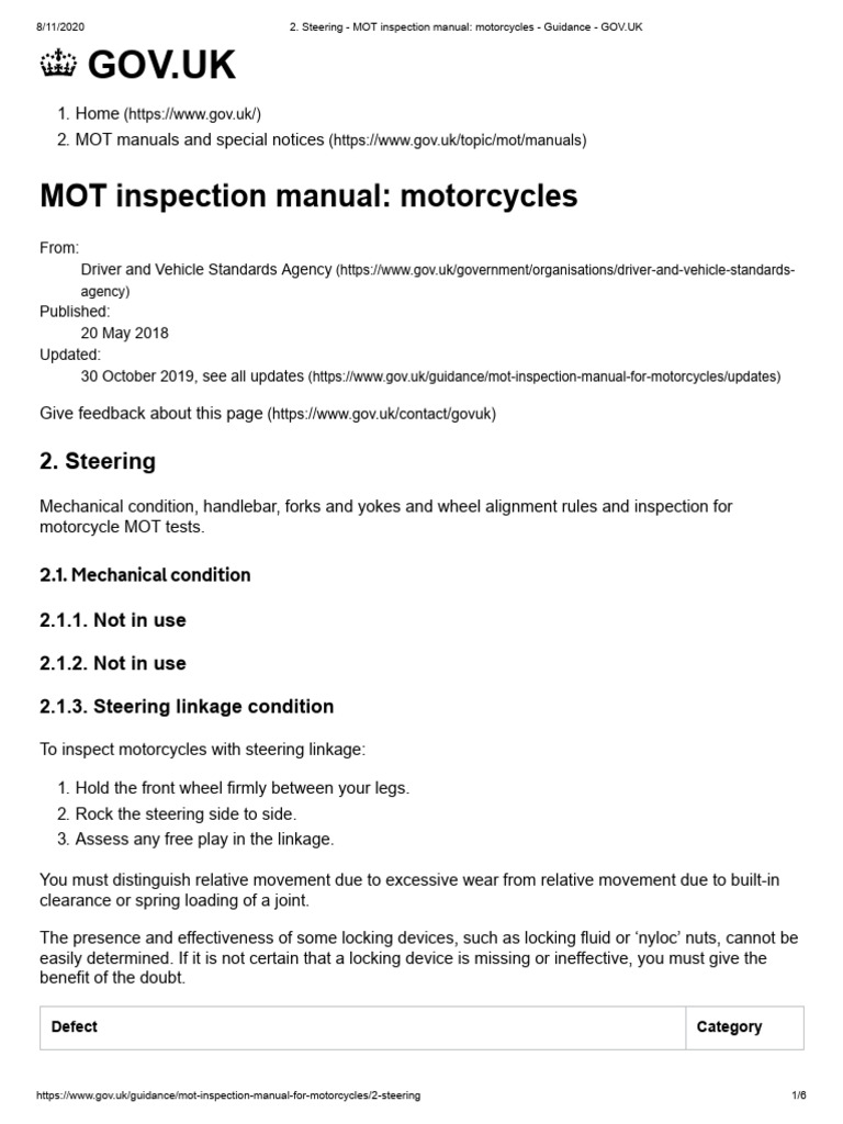 Motorcycle MOT Inspection: Steering Guide | PDF | Motorcycle | Vehicles