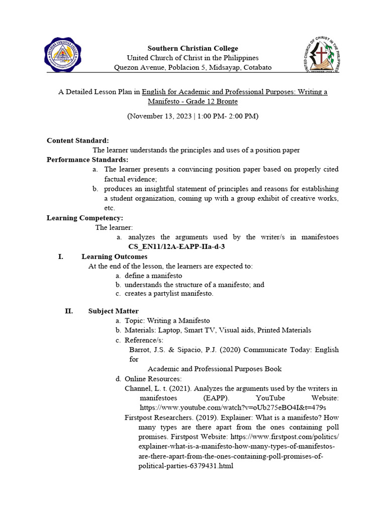 Lesson Plan Day 1 - Writing A Manifesto Final | PDF | Experience | Learning