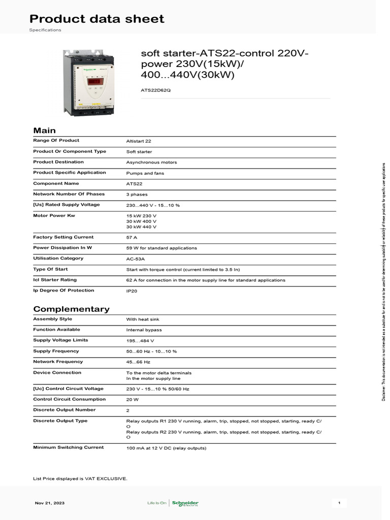 Schneider Electric - Altistart-22 - ATS22D62Q | PDF | Electric Motor ...