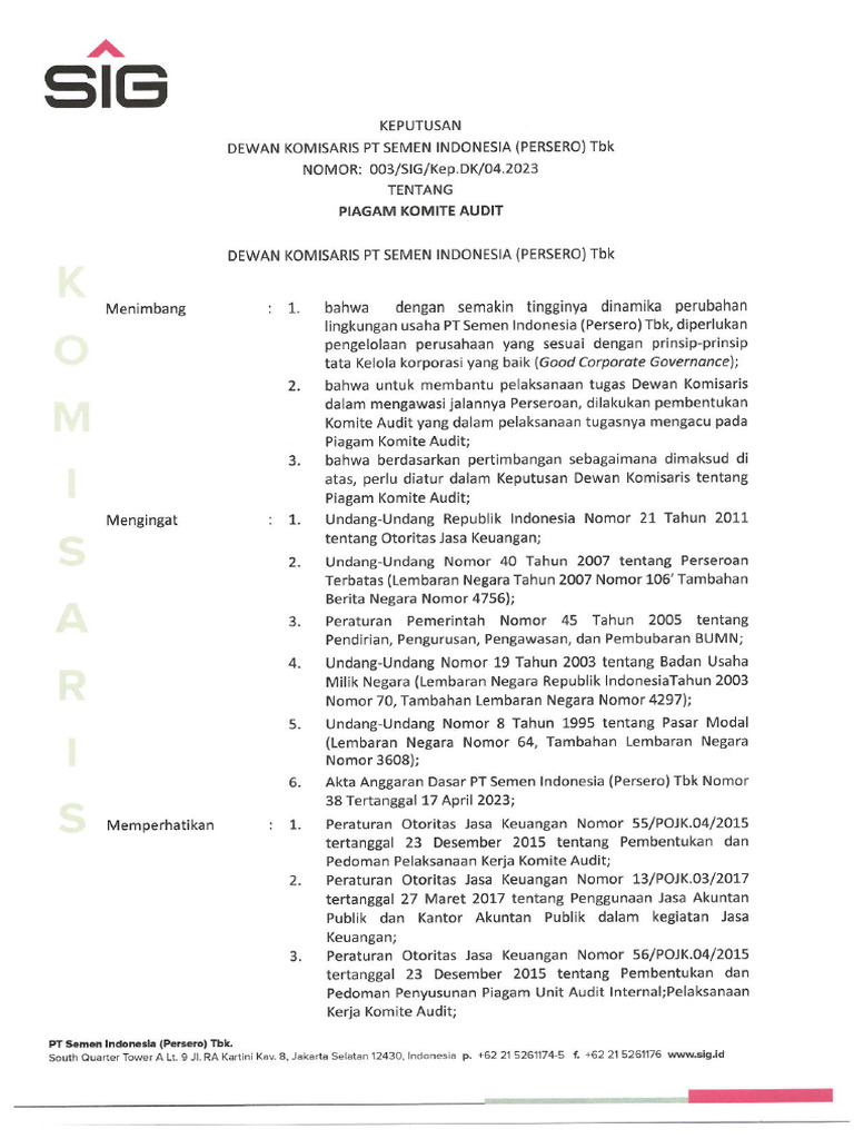 2023 SK 003 Sig SK Lengkap Piagam Komite Audit WM v3 Signed | PDF | Pengelolaan Keuangan & Uang