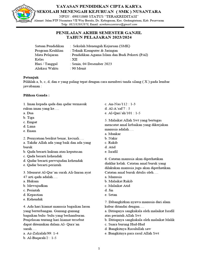Soal Pai Pas Ganjil Kelas Xii 2023 2024 | PDF