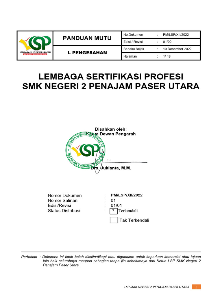 Panduan Mutu LSP p1 SMKN 2 Ppu 2022 | PDF