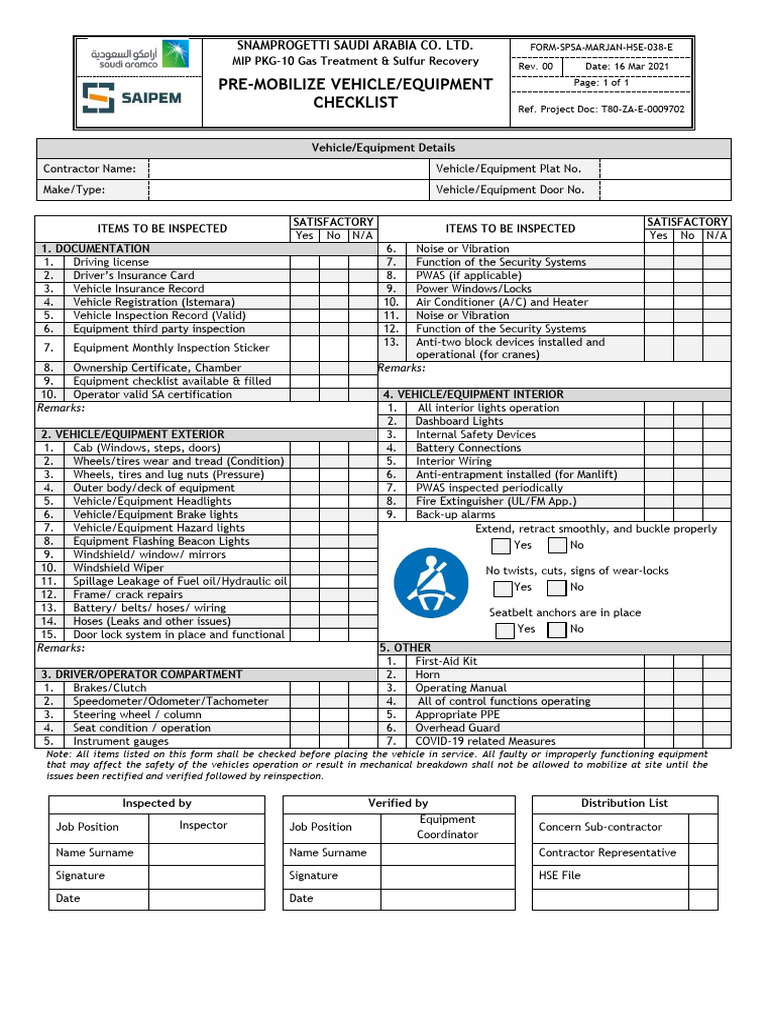 Pre-Mobilize Vehicle-Equipment Inspection Checklist | Download Free PDF ...