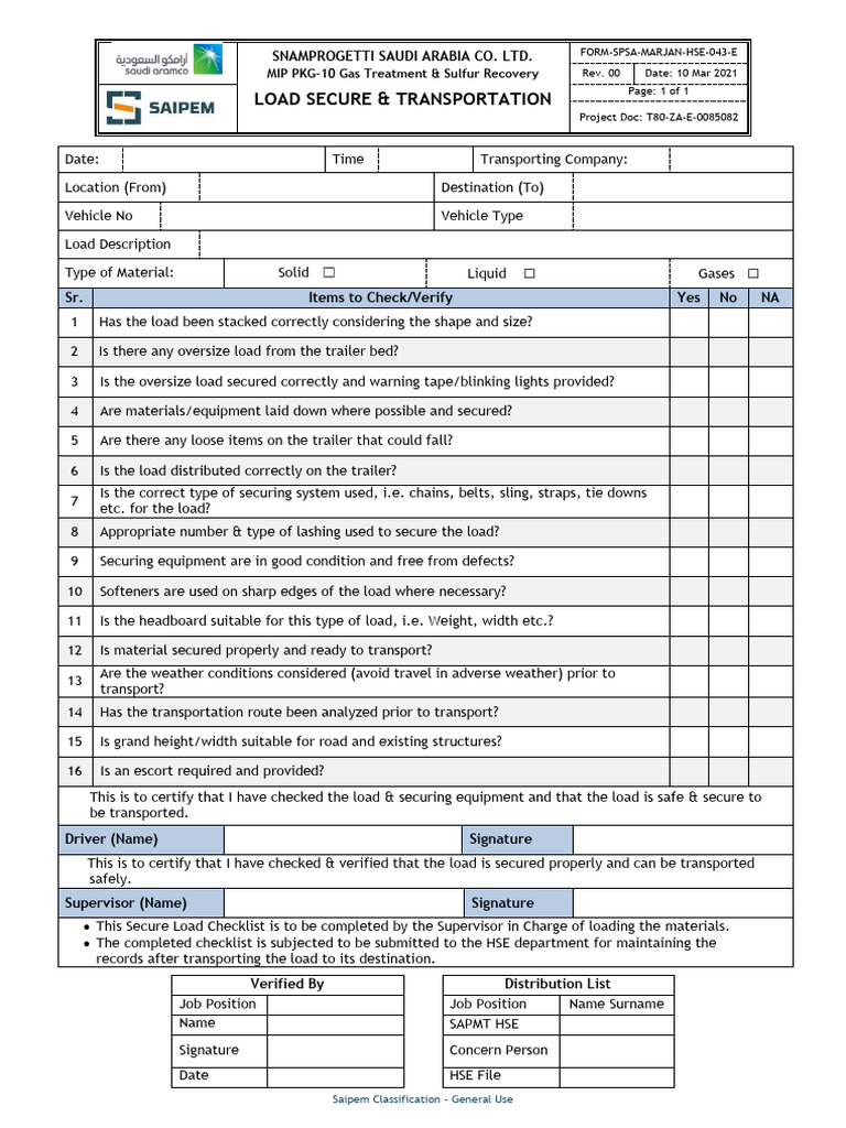FORM-SPSA-MARJAN-HSE-043 (Load Secure Checklist) | PDF | Trailer ...