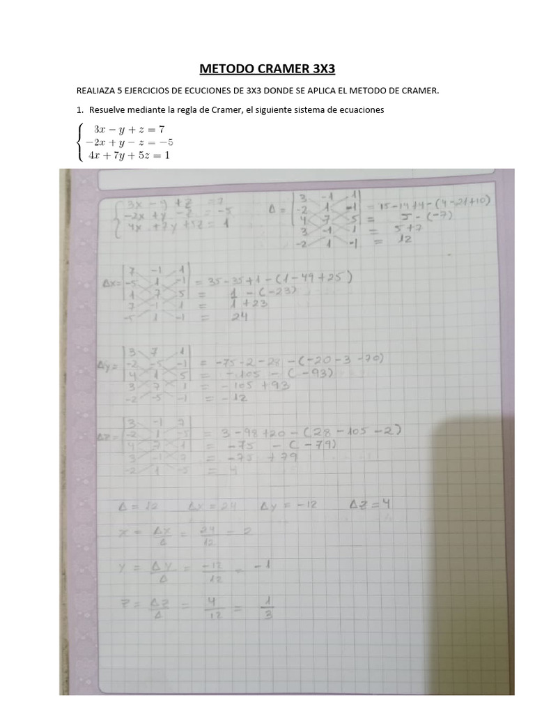 Ejercicios Resueltos Método de Cramer 3x3 | PDF
