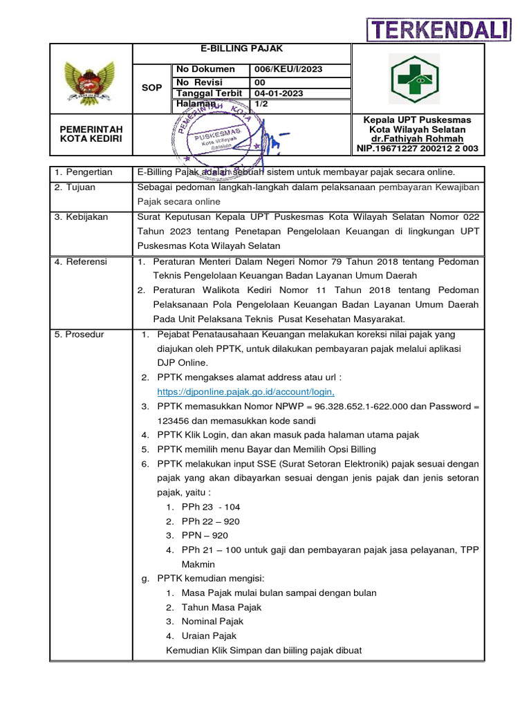 006 SOP e Billing Pajak Kowilsel | PDF