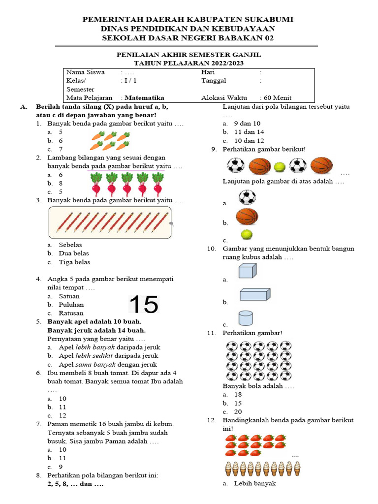 Soal Matematika Kelas 1 Pdf