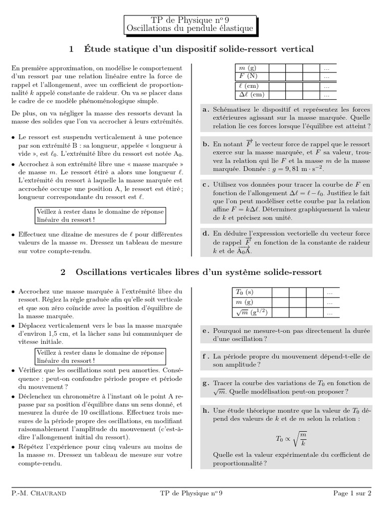 TP Physique 9 Oscillations de La Pendule Elastique | PDF | Masse ...