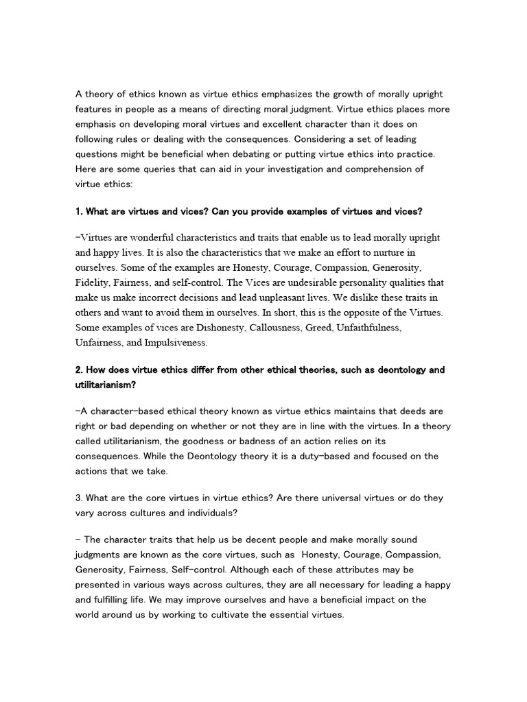 Virtue Ethics Guide Questions | PDF | Virtue Ethics | Virtue