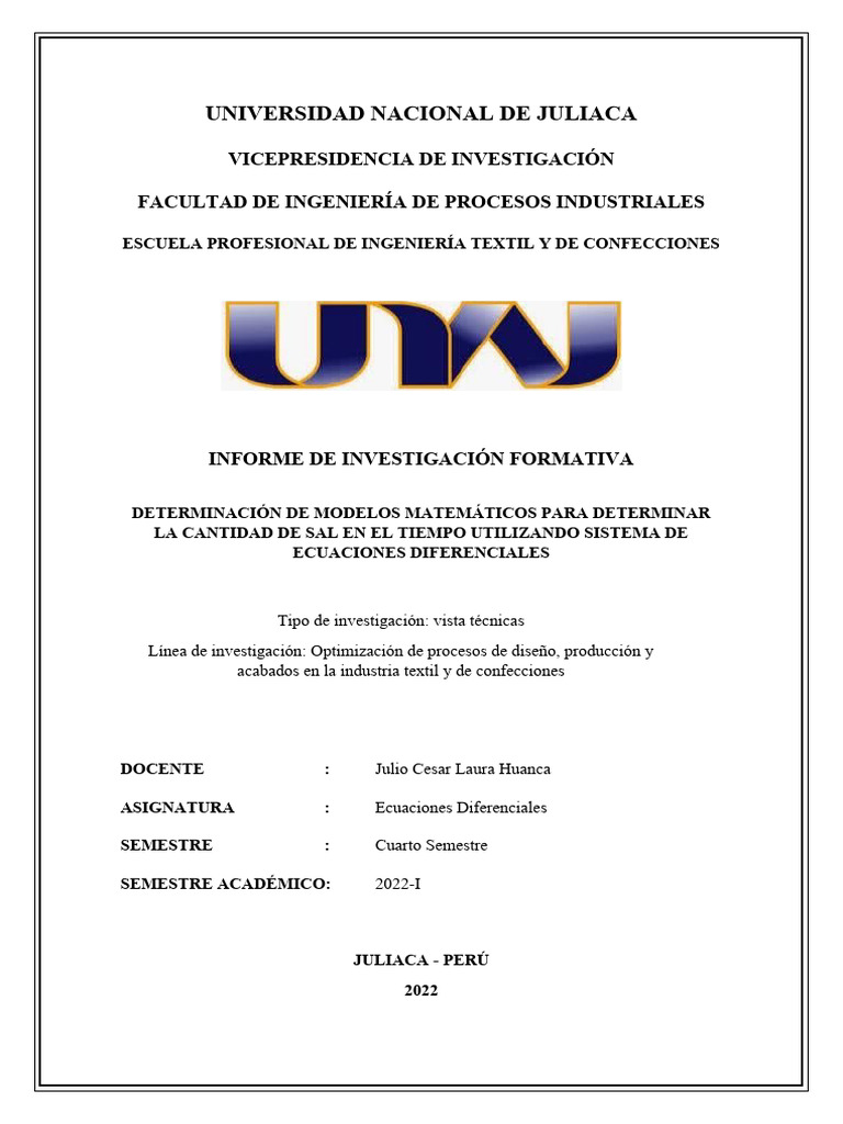 Formato de Informe Final de Investigación Formativa 2022-I de Ecuaciones Diferenciales | PDF ...