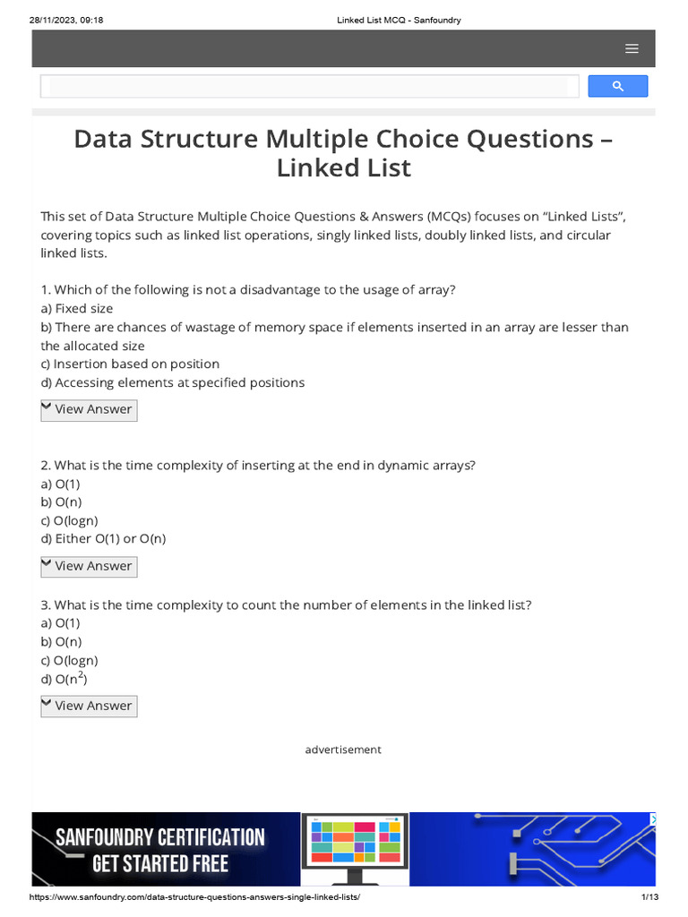 Linked List MCQ | PDF | Computer Data | Software Engineering