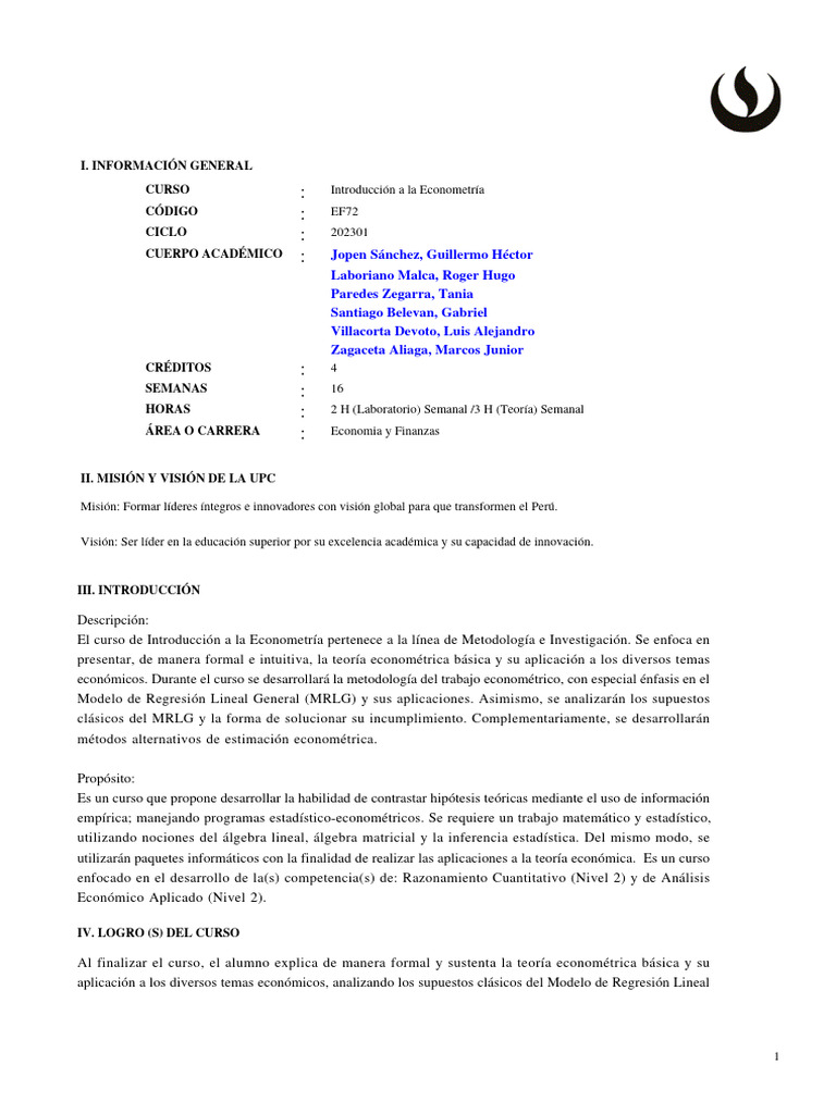 EF72 Introduccion A La Econometria 202301 | PDF | Mínimos cuadrados ordinarios | Econometría