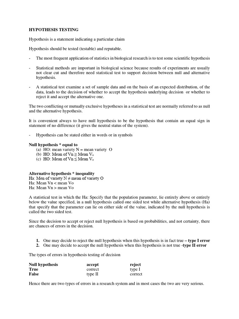 Hypothesis Testing 2 Pdf Type I And Type Ii Errors Statistical Hypothesis Testing
